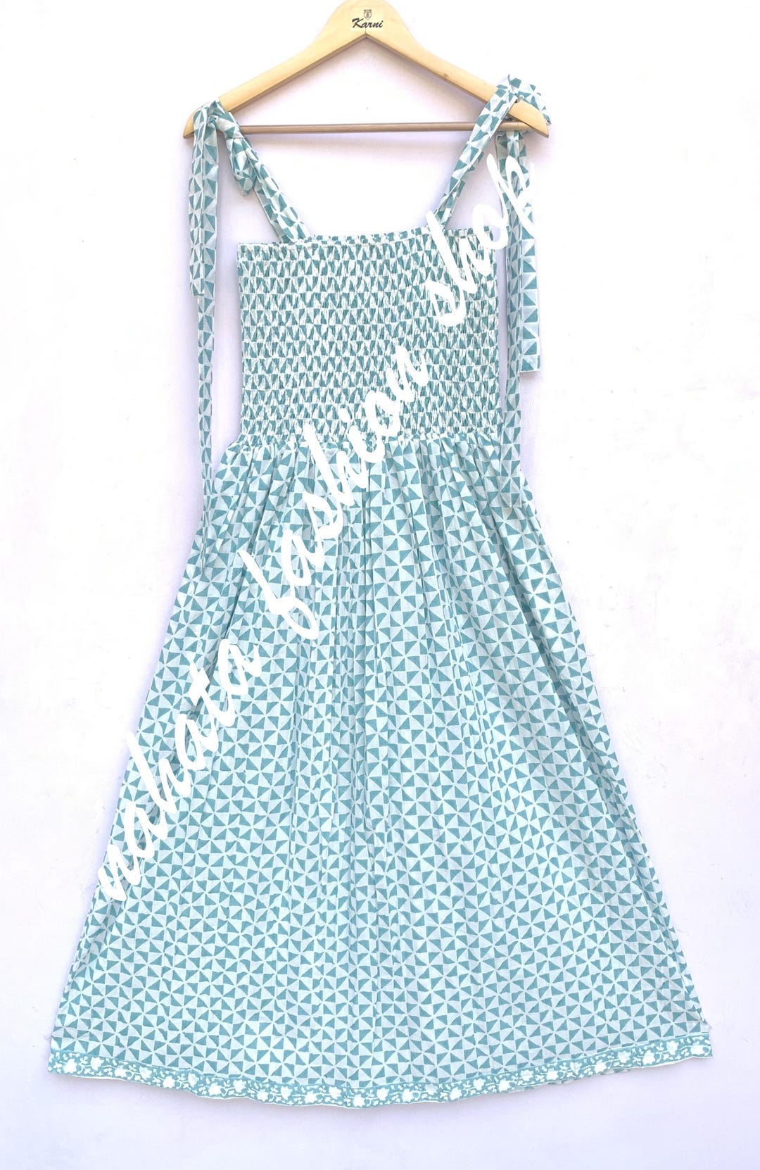 Bohemian Blue Triangles Pattern Block Printed Women's Strap Dress ...