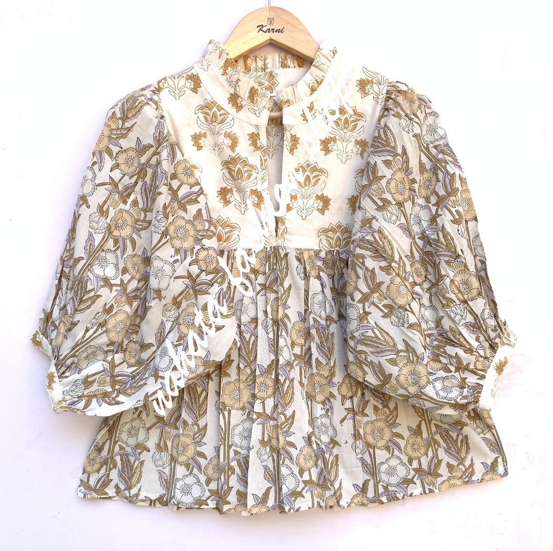 Summer Cotton White Golden Floral Hand Block Printed Women's Tops and ...