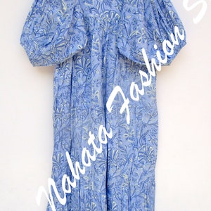 Cotton Blue Plant Hand Block Printed Women's Summer Maxi Dress With ...