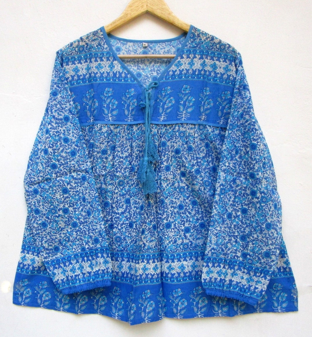 Blue Floral Printed Women's Tunics - Long Sleeve Women's Tunics - V ...