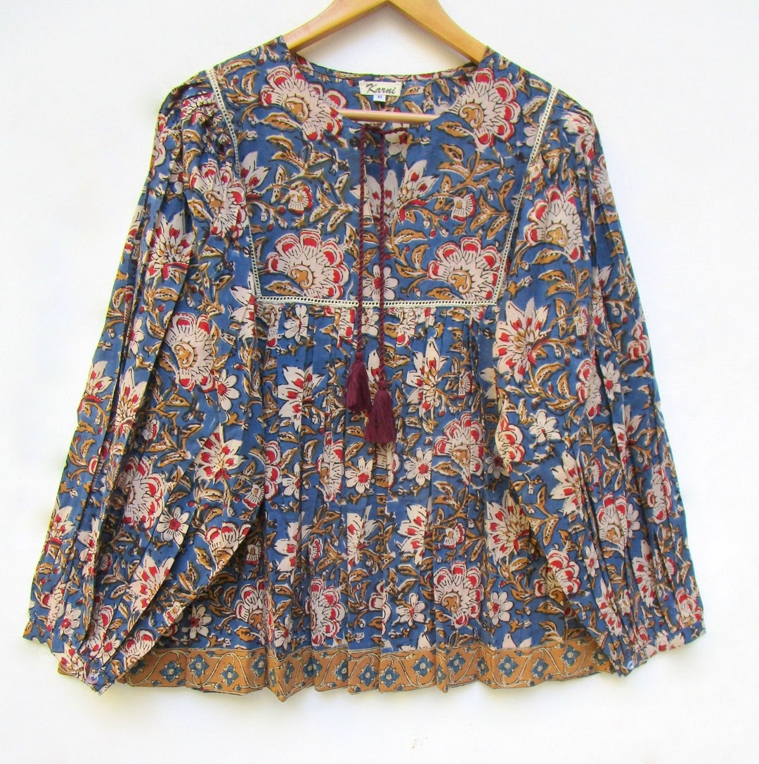 Blue Kalamkari Block Printed Cotton Blouse Tops - Henley Neckline With Tassel Blouse - Long ...