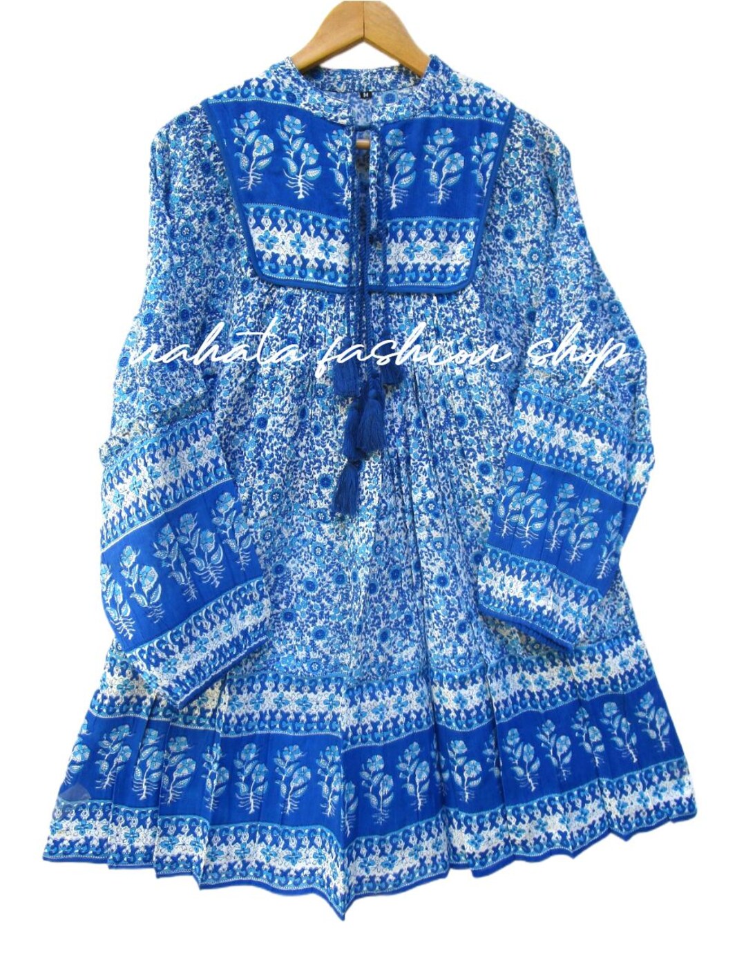 Blue Small Floral Rayon Dress – Boho Block Print Mini Dress With Tassel ...
