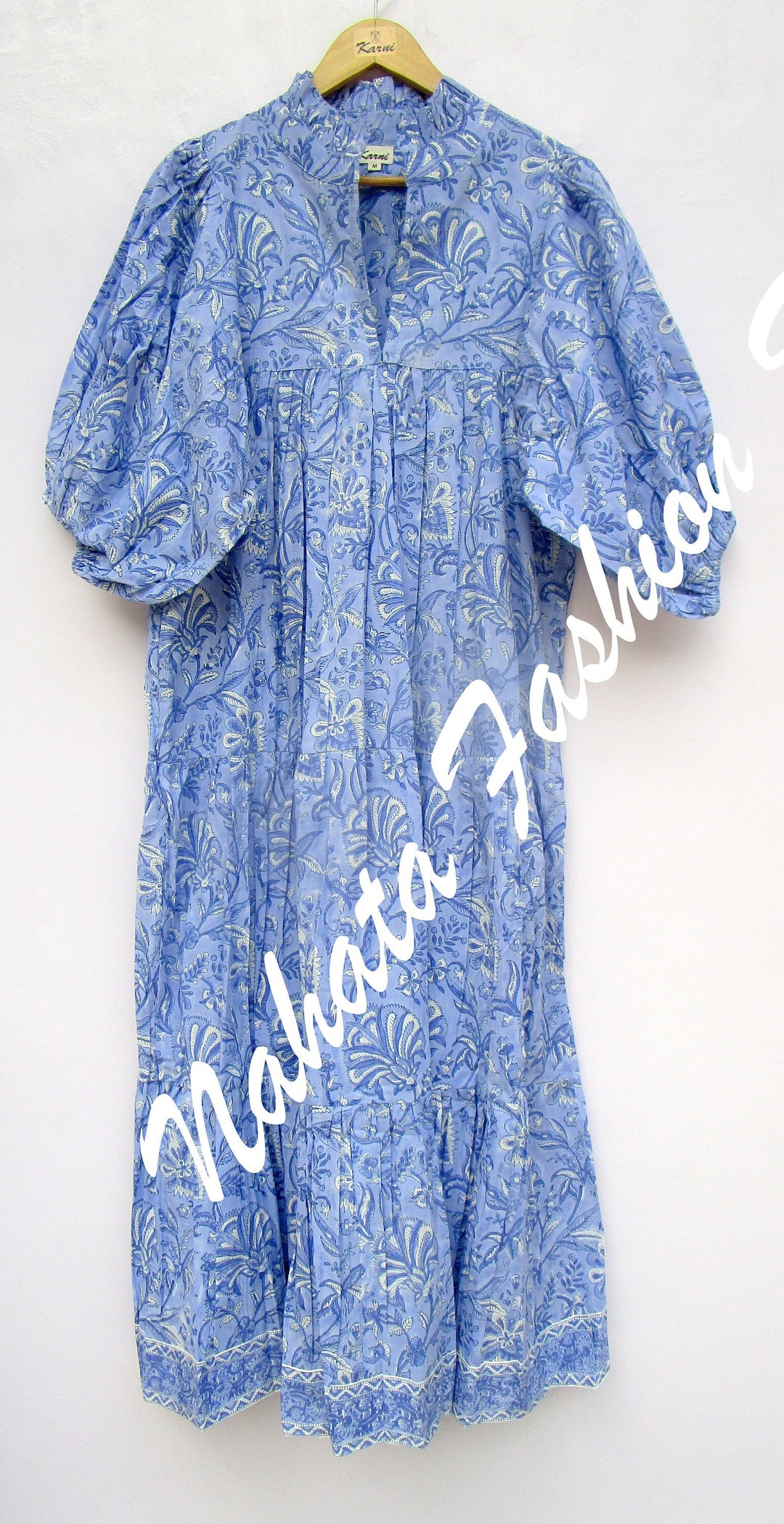 Cotton Blue Plant Hand Block Printed Women's Summer Maxi Dress With ...