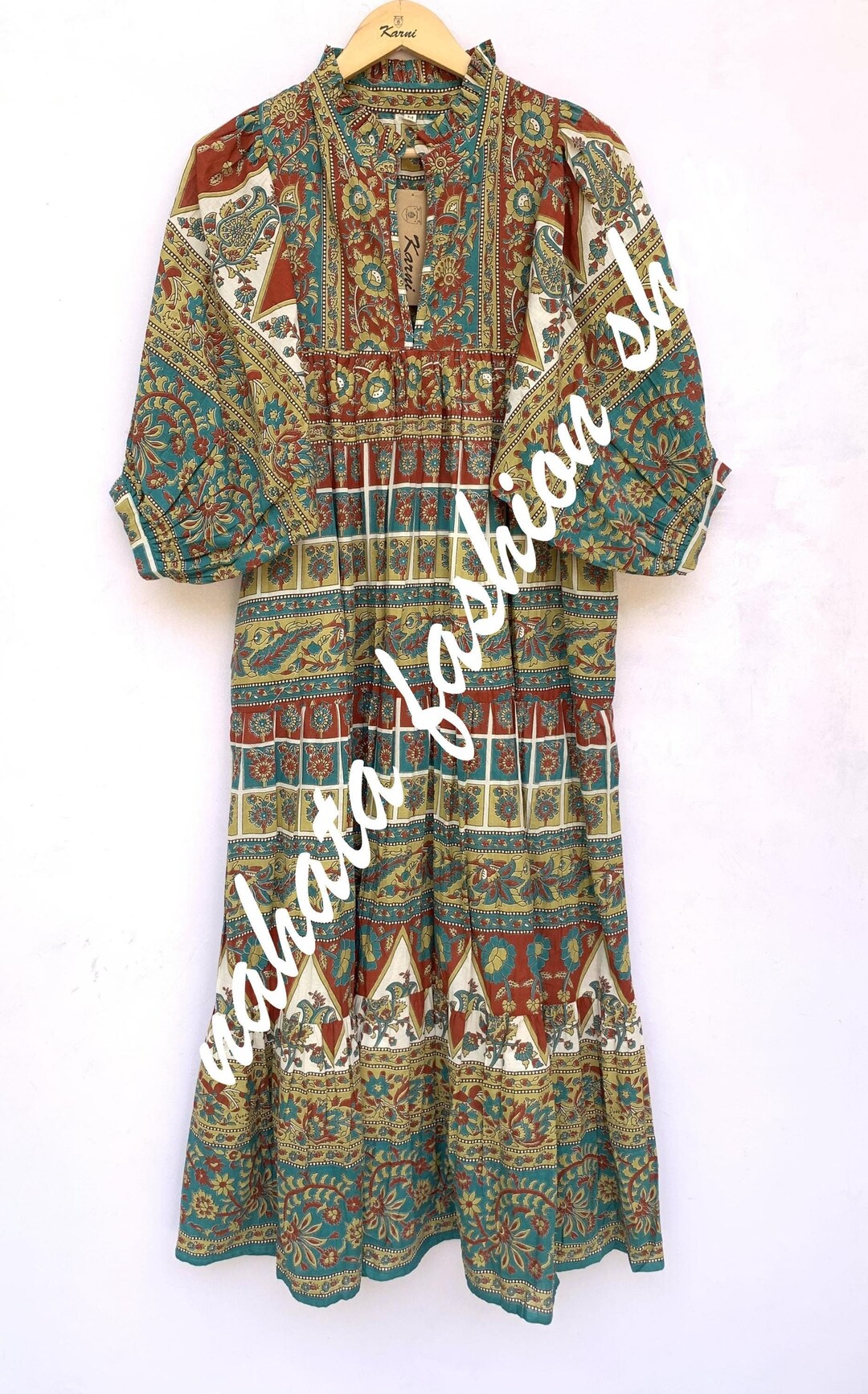 Stylish Green-red Floral Screen Printed Women's Maxi Dress - V Neckline ...
