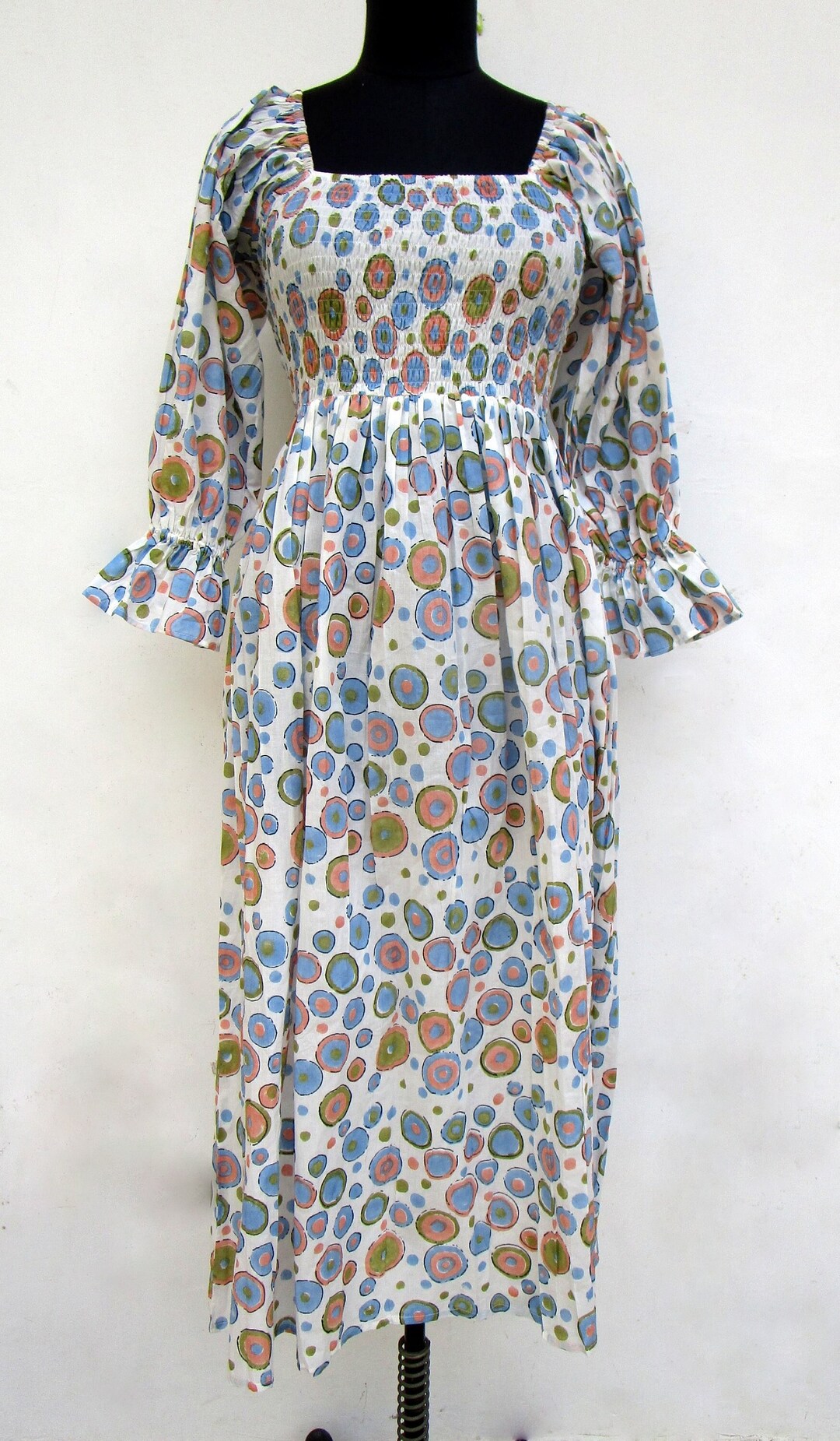 Cotton Round Circle Printed Maxi Dress Square Neckline With Smocked ...