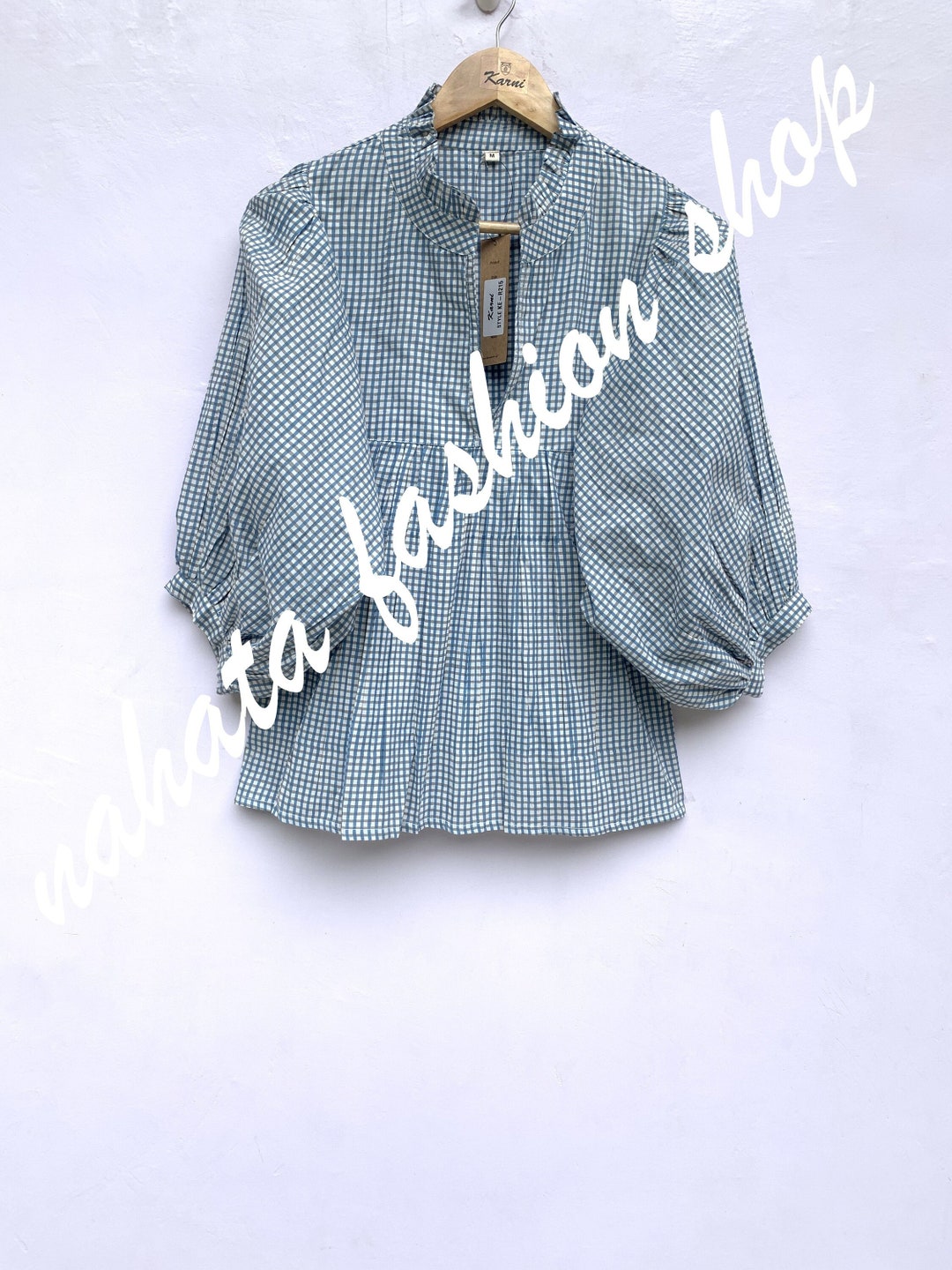 Summer Cotton Blue Check Block Printed Women's Tops and Blouse - V ...