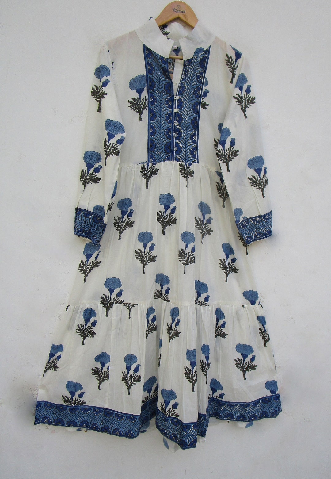 Floral Boota Printed Cotton Long Maxi Dress Collared Neckline With ...