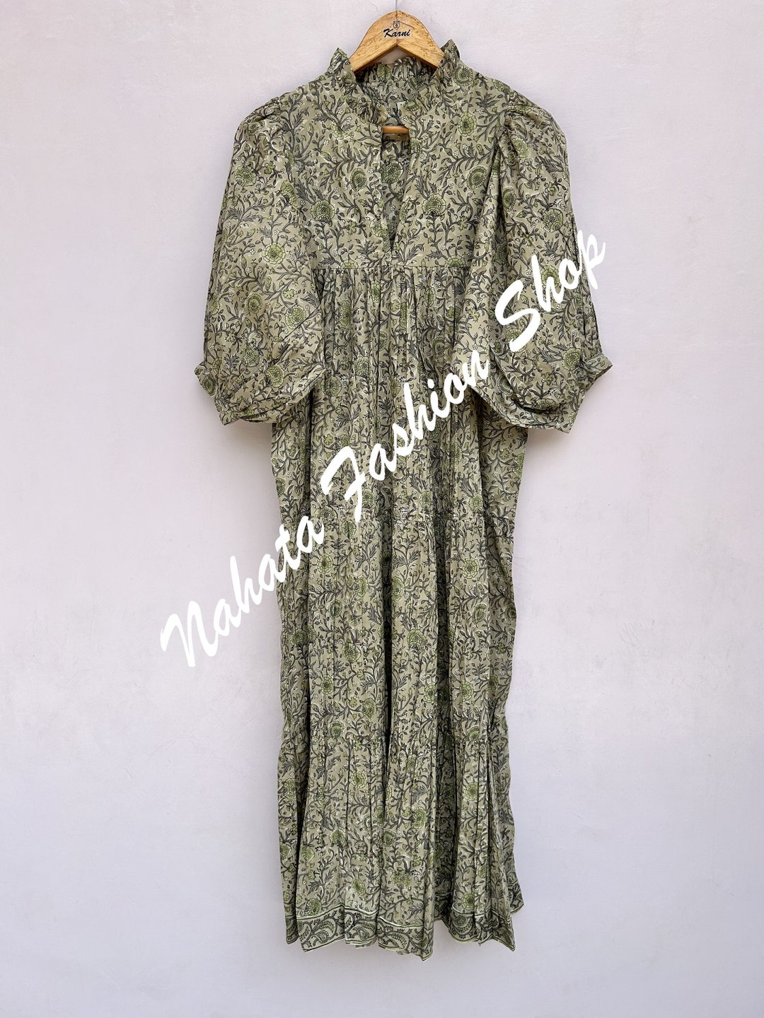 Cotton Green Dray Flower Plant Printed Women's Maxi Dress - V Neckline ...