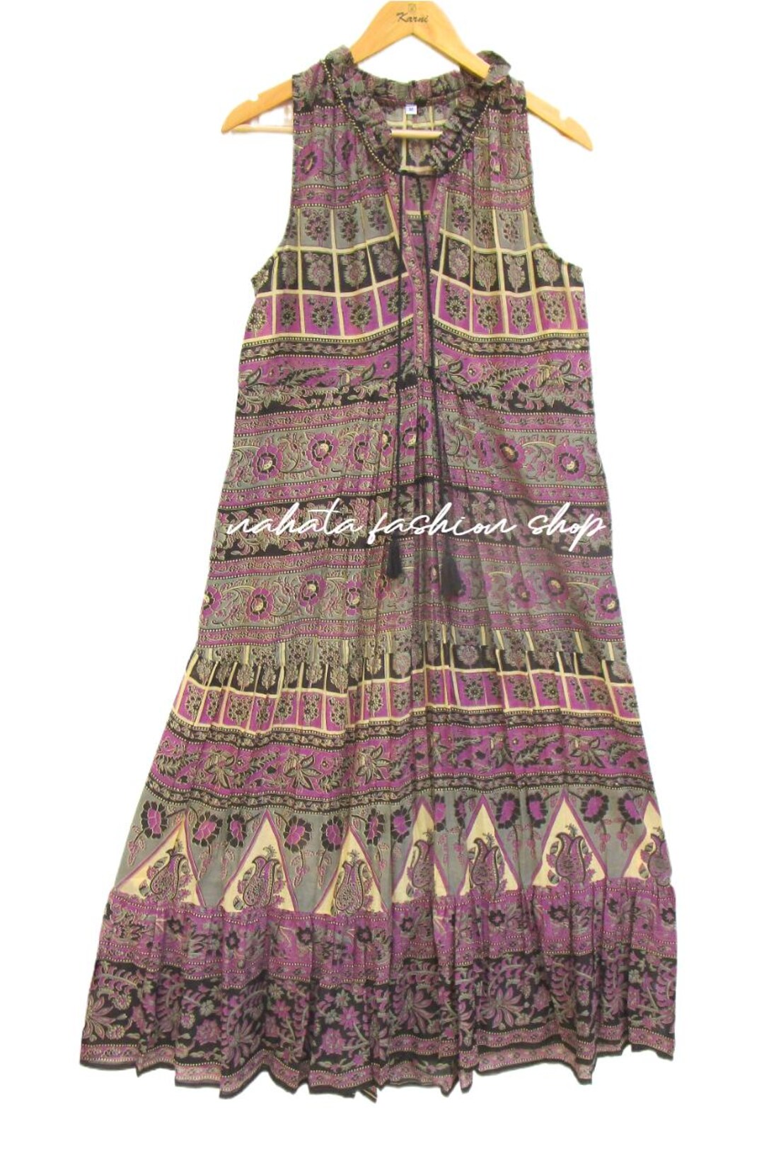 Purple Floral Screen Printed Ruffle Long Maxi Dress - Henley Neckline ...