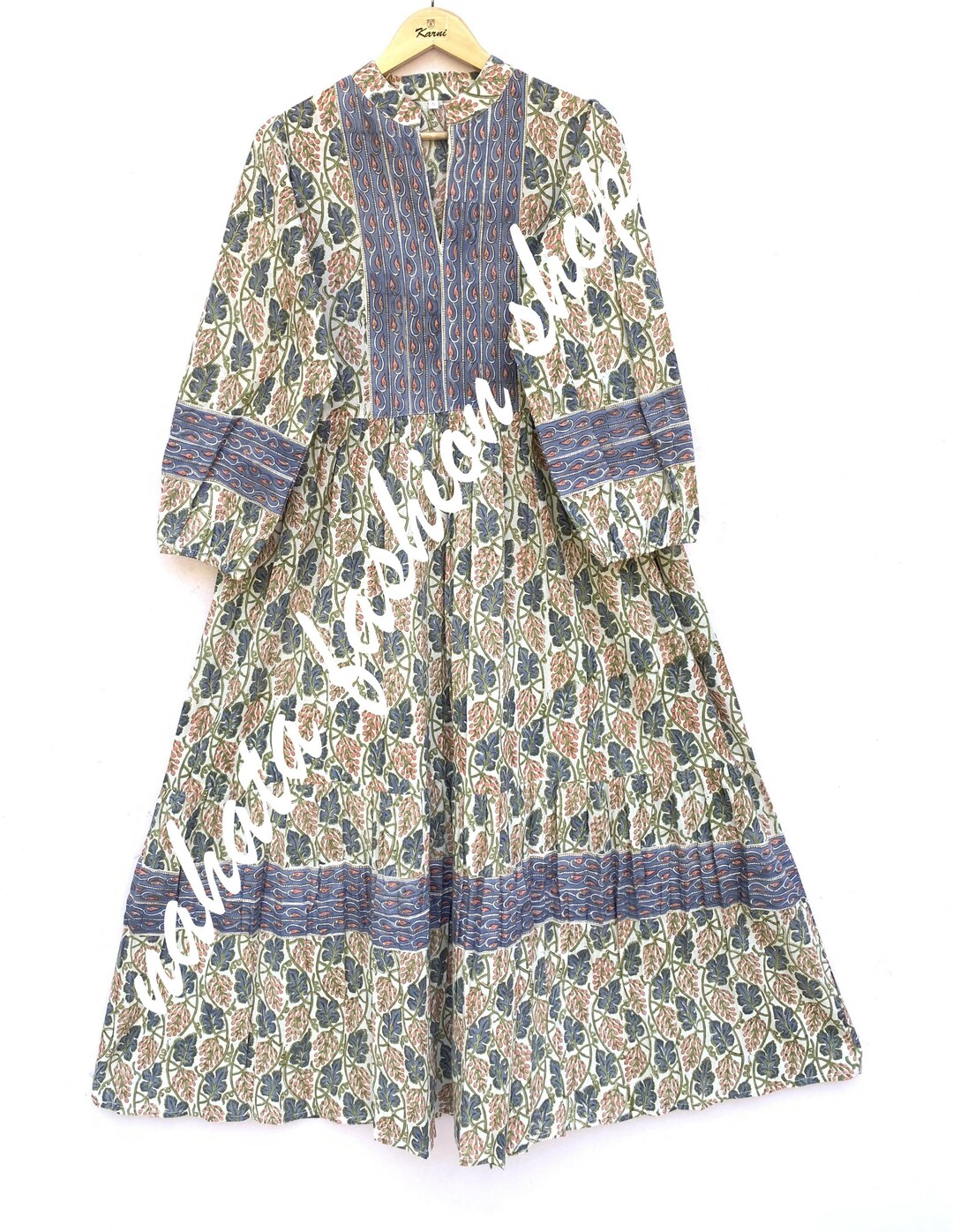 Summer Cotton Blue Green Floral Hand Block Printed Women's Maxi Dress ...