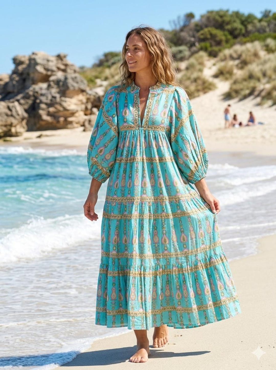 Turquoise Floral Hand Block Printed Cotton Mini Dress – Boho Tiered ...