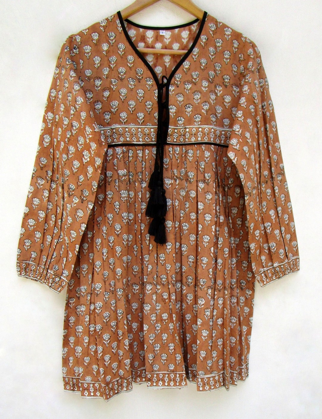 Boho and Hippie Floral Printed Mini Maxi Dress V Neckline With Tassel ...