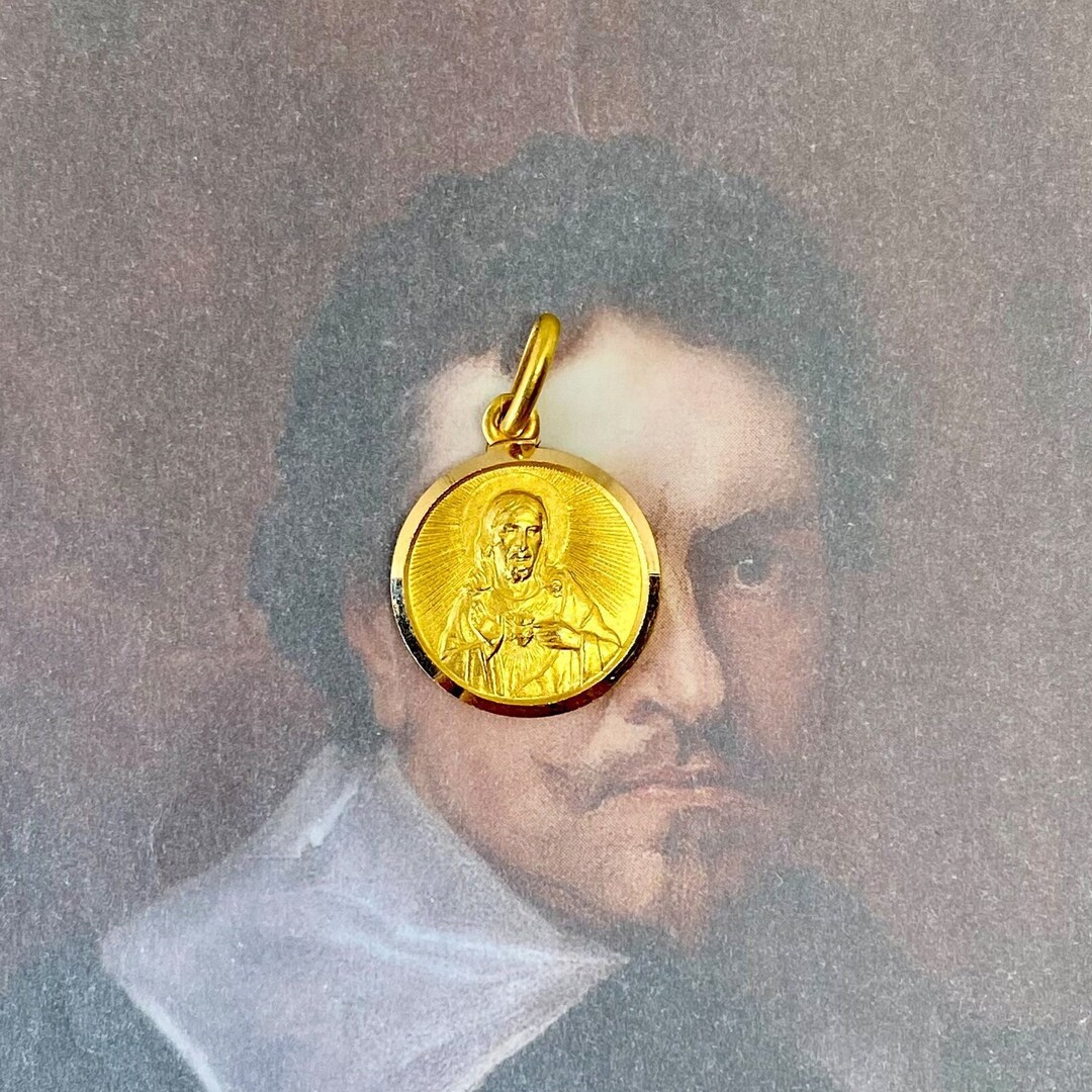 18k Gold Vintage Religious Medal, Jesus and Mary Medal Pendant, 18 Ct ...