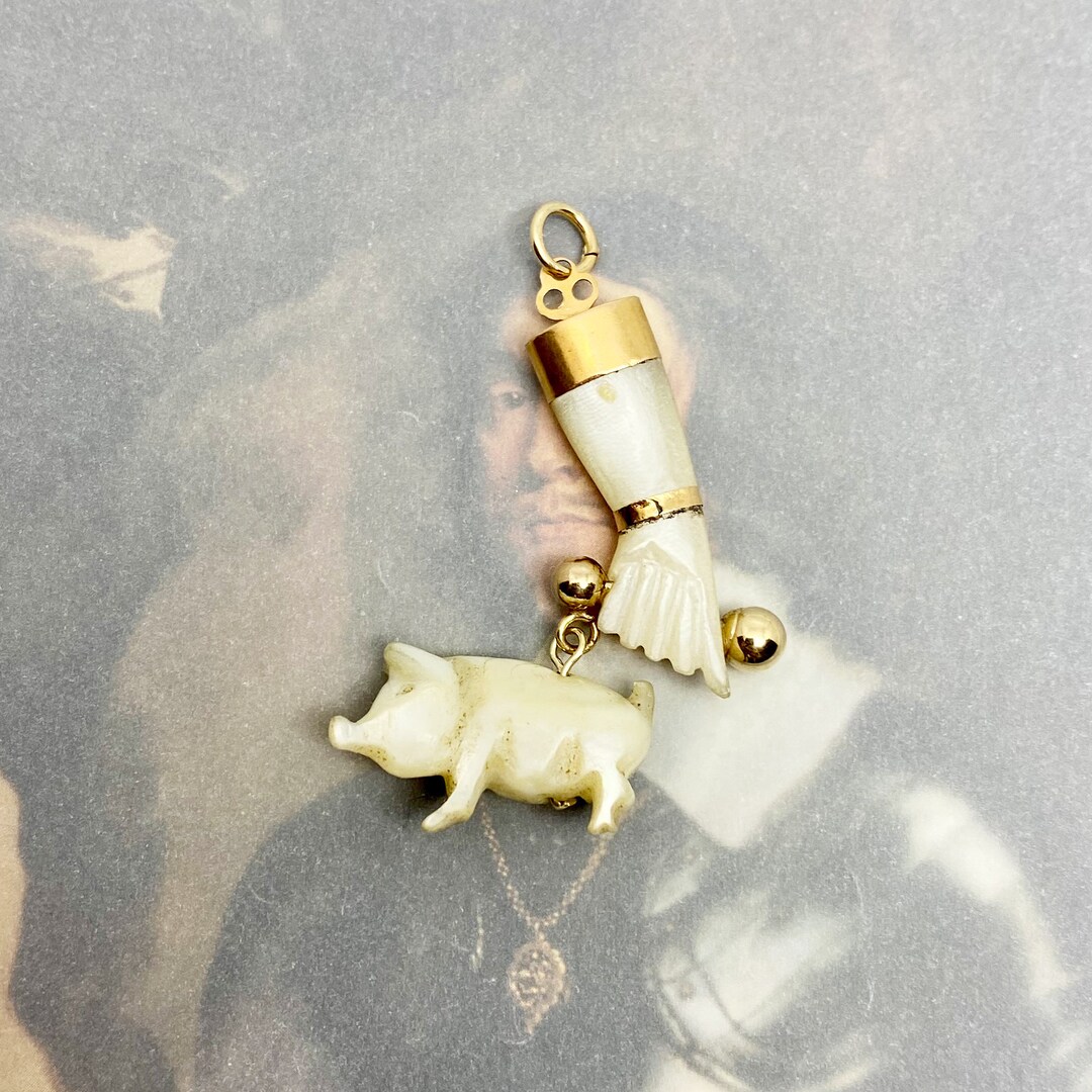 Vintage 14K Figa, Carved Mother of Pearl, Mano Fico, Lucky Charm ...
