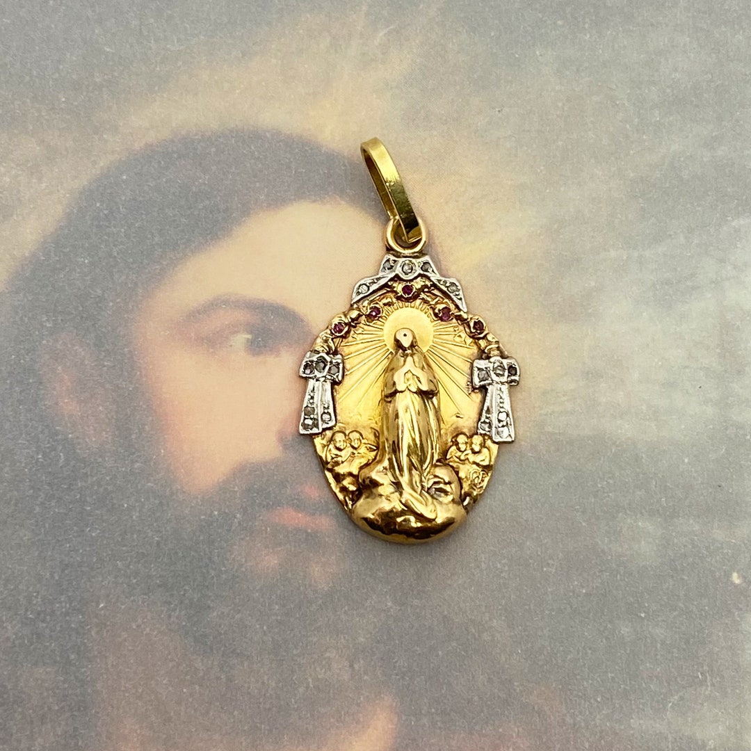 Antique 18k Gold Religious Medal, Art Nouveau, Our Lady Medal Pendant ...