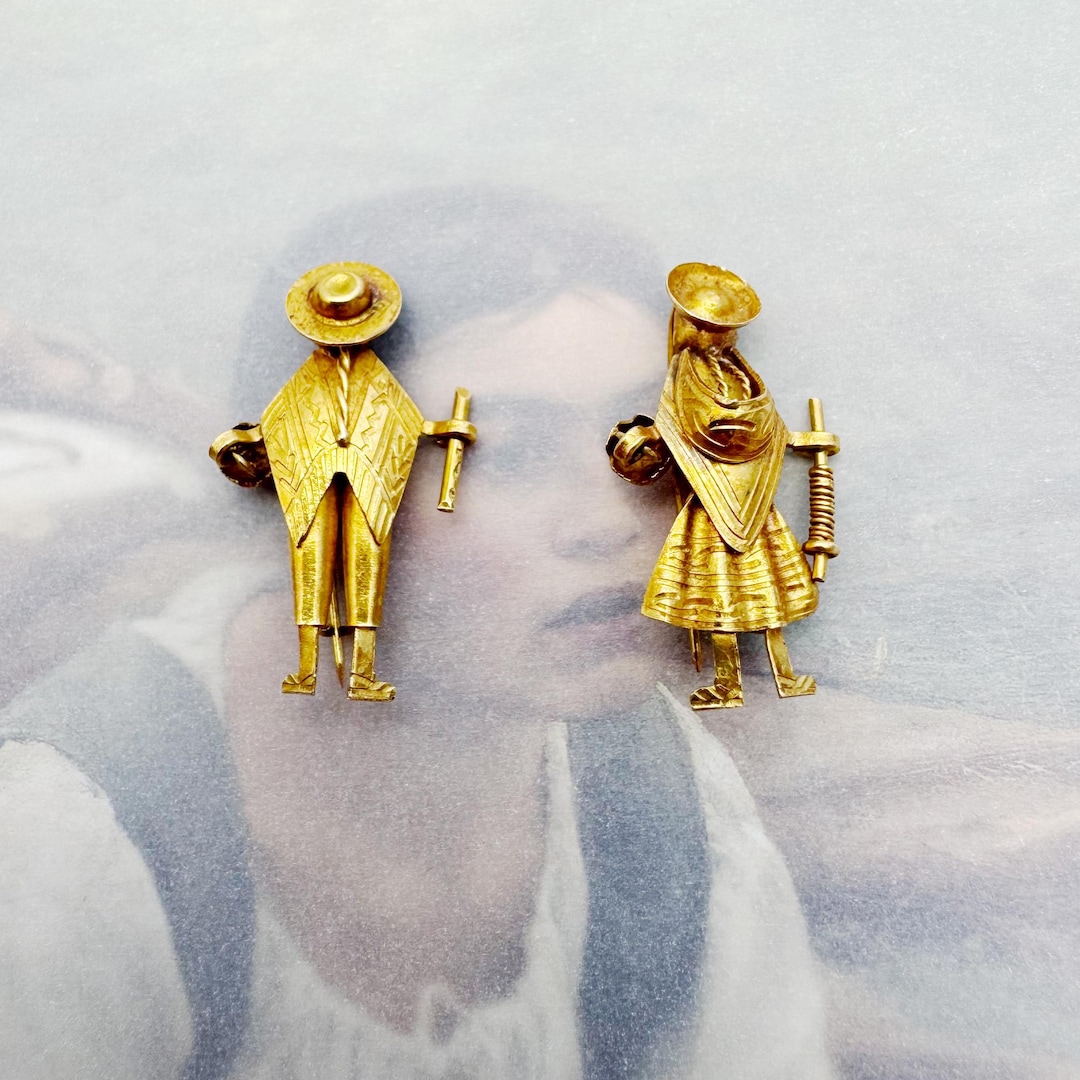 Antique 18k Gold Brooch Pair, Peruvian Peasant Couple Pins, 18 Ct Solid ...