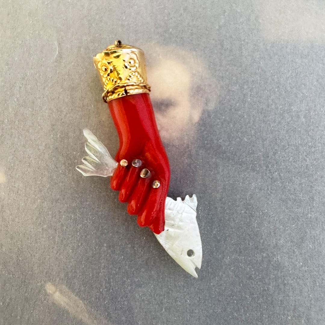 Vintage 14k Gold Figa Hand Pendant With Mother of Pearl Fish, Italian ...