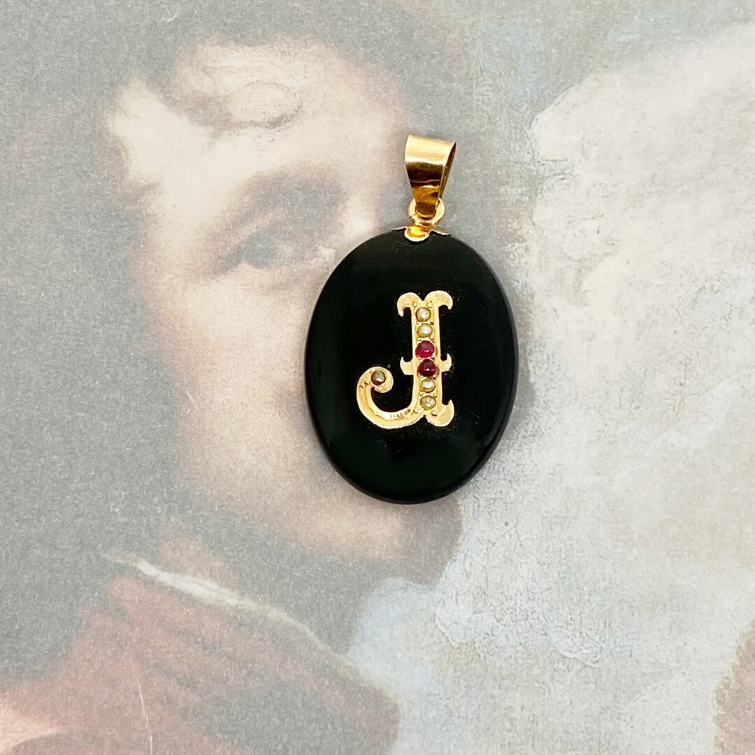 Victorian 18k Gold Onyx Mourning Locket, Seed Pearl, Letter J, Ruby, 18 ...