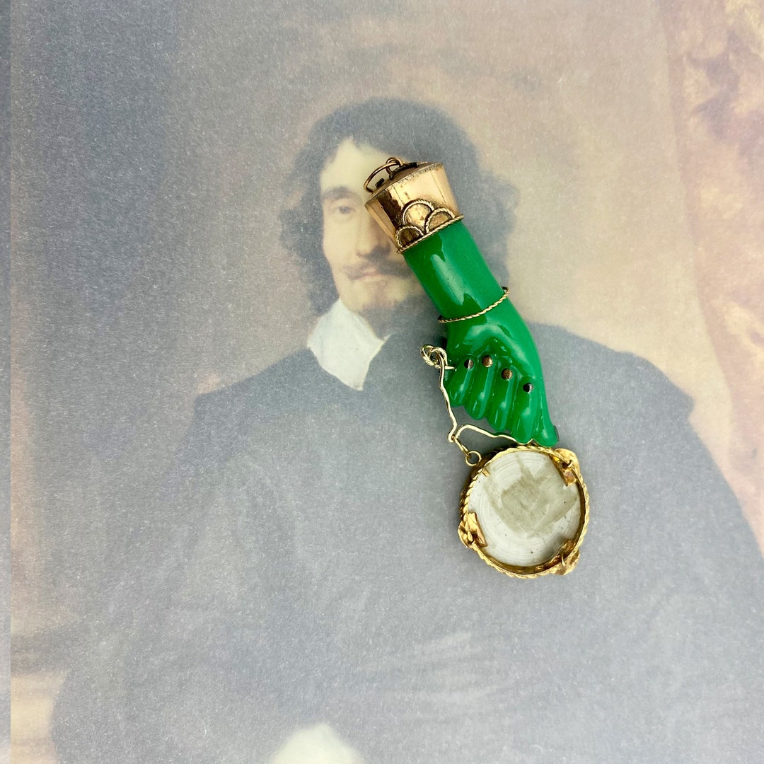 Antique 14K Green Figa Tambourine, Resin Figa Pendant, Amulet, Mano ...