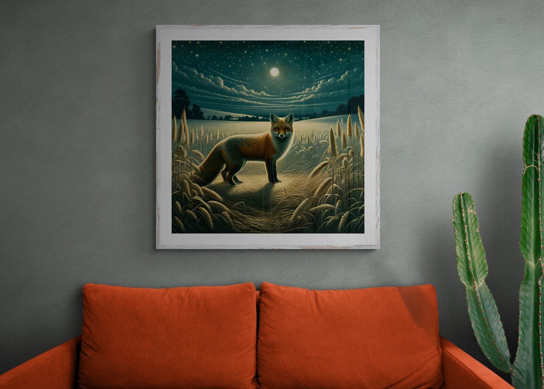 Fox Starry Night With a Full Moon, AI Generated Vintage Style Digital ...