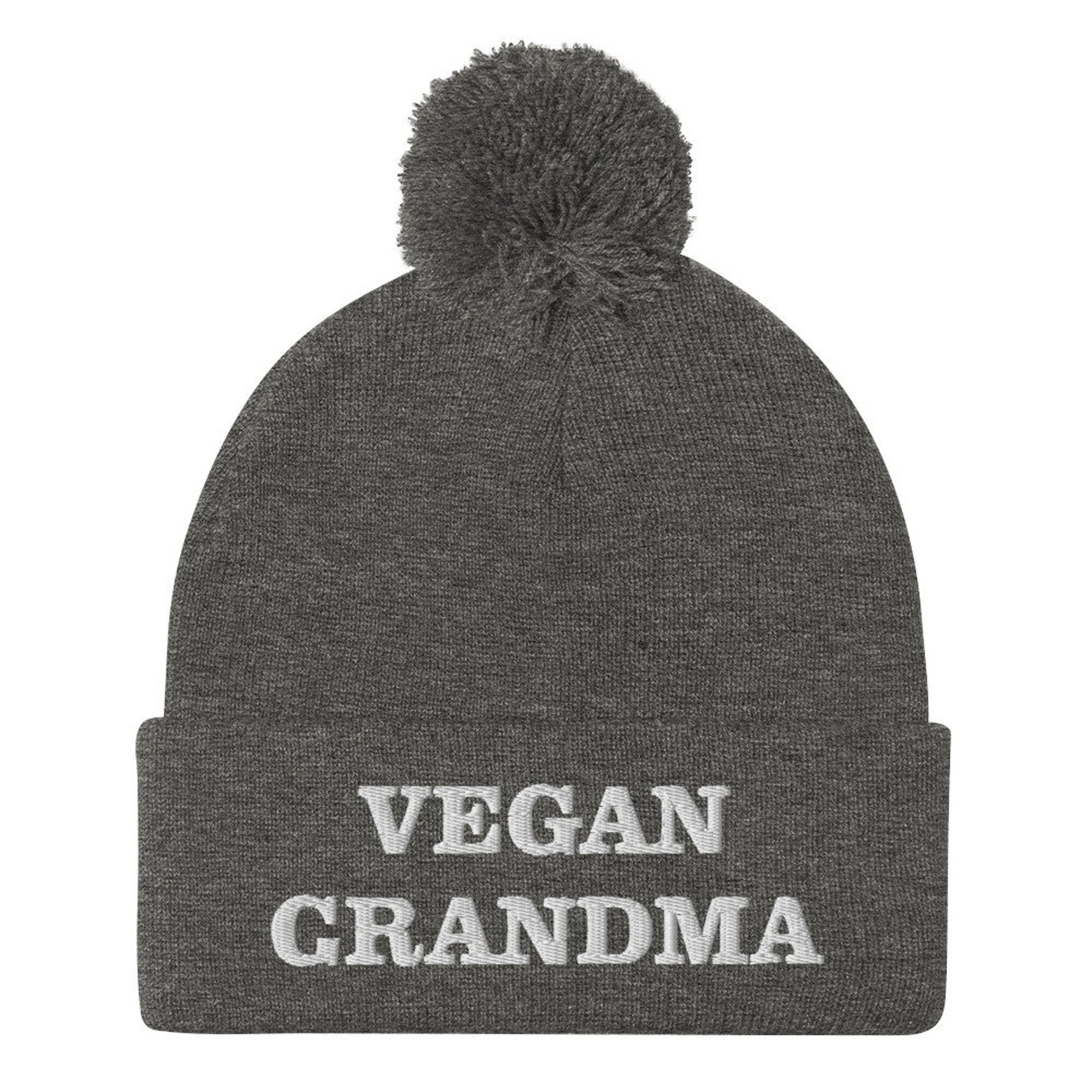 Vegan Grandma Pom-pom Beanie, Unisex Embroidered Unique Vegan Beanie ...