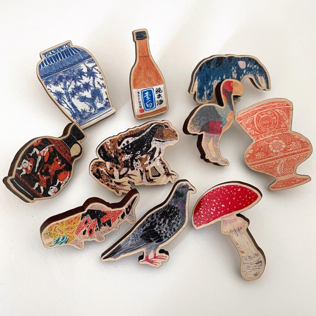 Wooden Pin Set, Nature Pin Badges, Animal Badge, Vases, Sake Wine ...