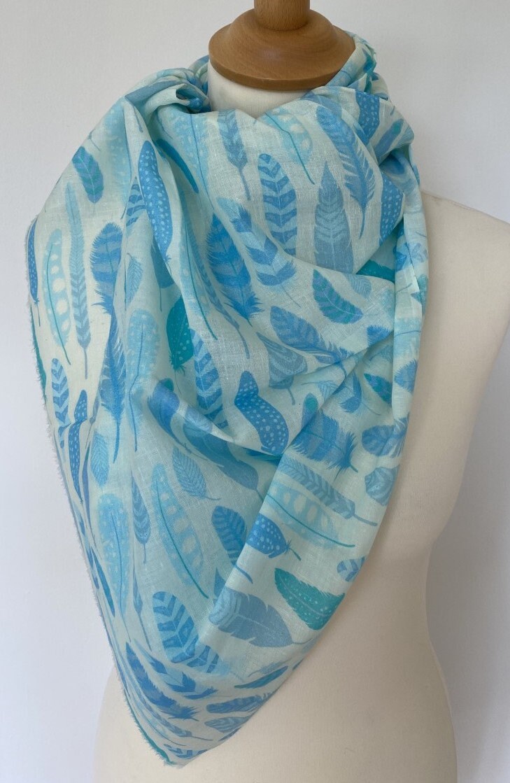 Blue scarf feather print scarf women's lightweight scarf | Etsy