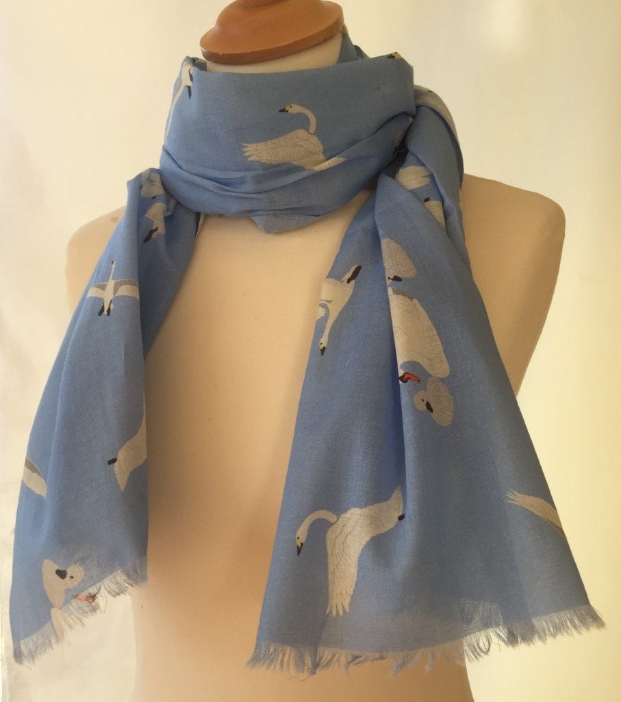 Swans scarf blue white scarf swans shawl wrap swan gift | Etsy