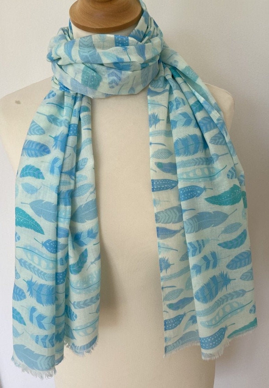 Blue Scarf, Feather Print Scarf, Women's Lightweight Scarf in 100% ...