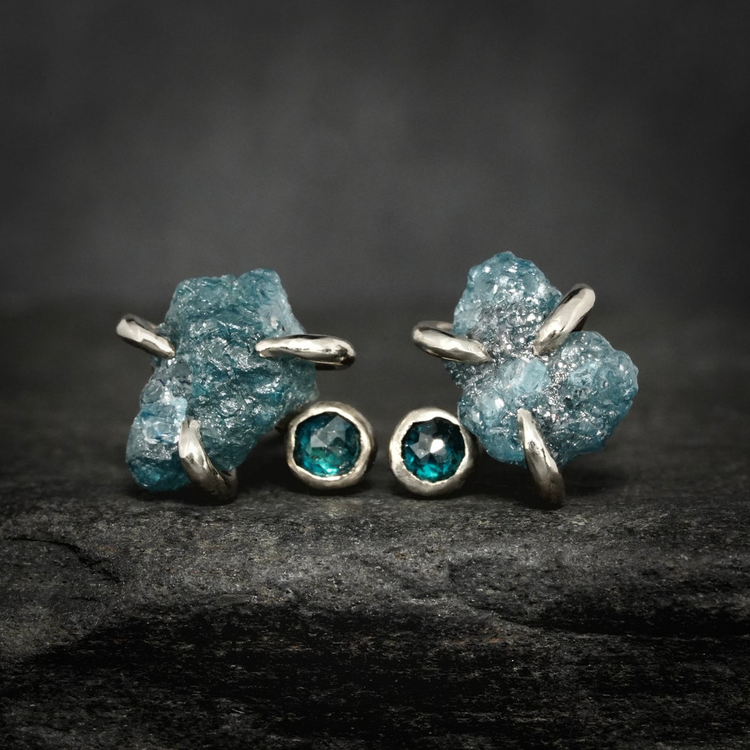 Blue Diamond Stud Earrings. Raw Rough Uncut Natural Blue Diamond and ...