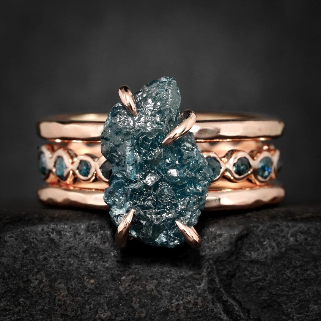 Blue Diamond Ring Set. RTS 14k Solid Rose Gold Prong Set Raw Blue ...