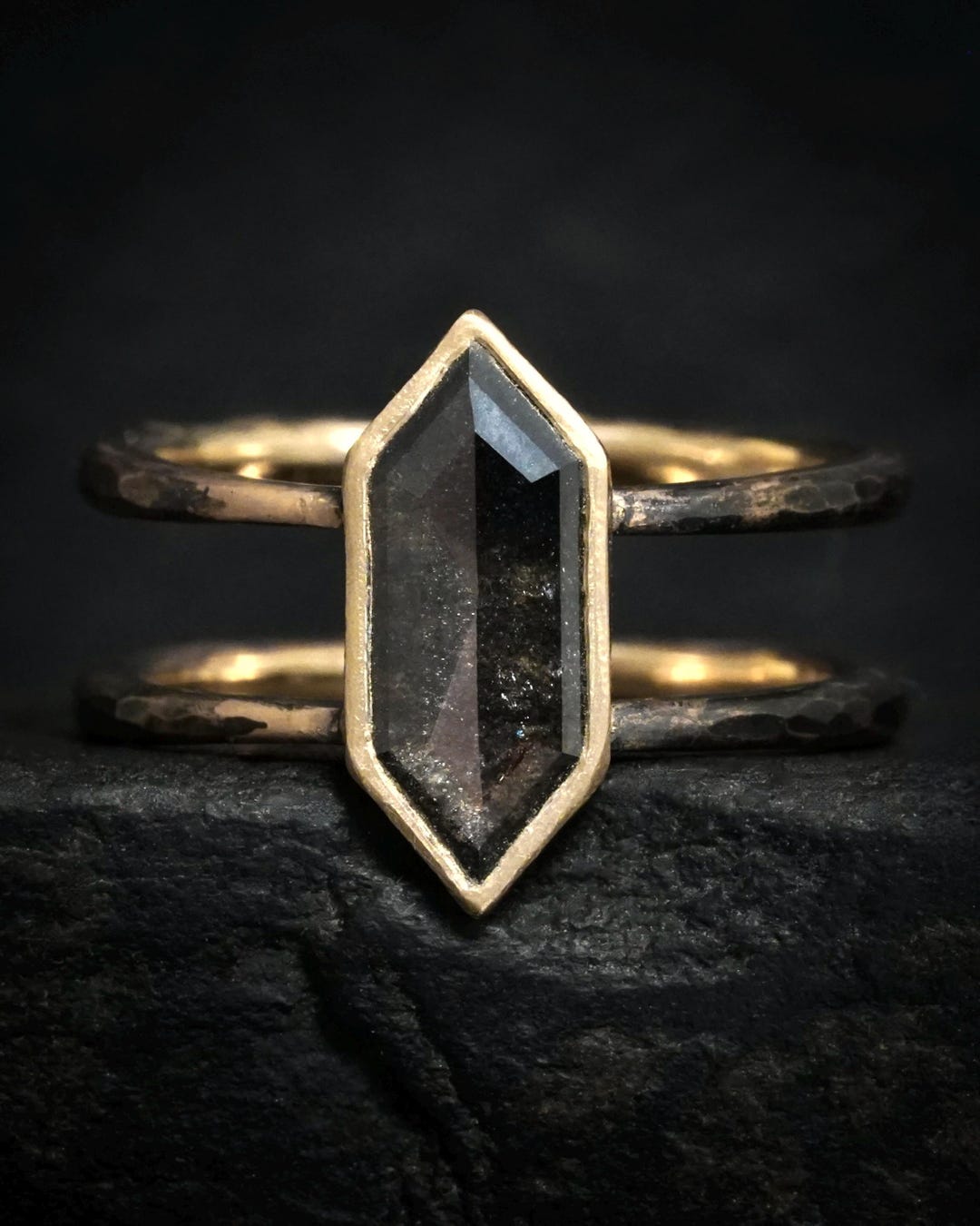 Geometric Galaxy Diamond Statement Ring. Rustic Yellow Gold Double Band ...