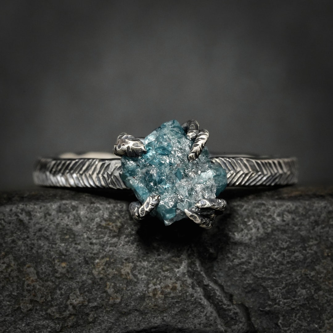 Rustic Raw Blue Diamond Ring. White Gold Organic Rustic Unique ...
