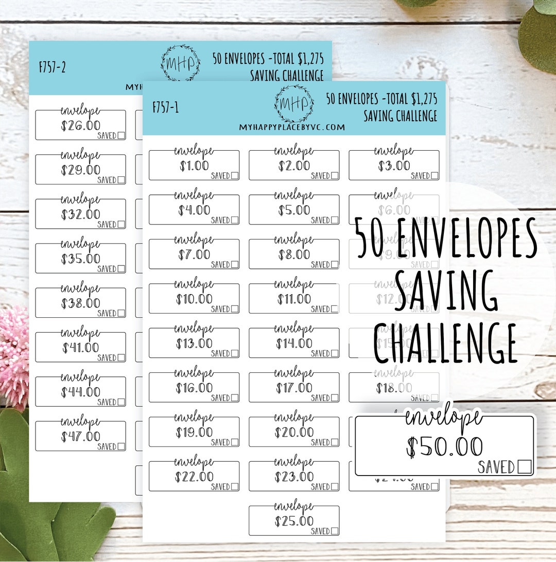 50 Envelope Stickers for Savings Challenge (total Savings 1,275.00 ...