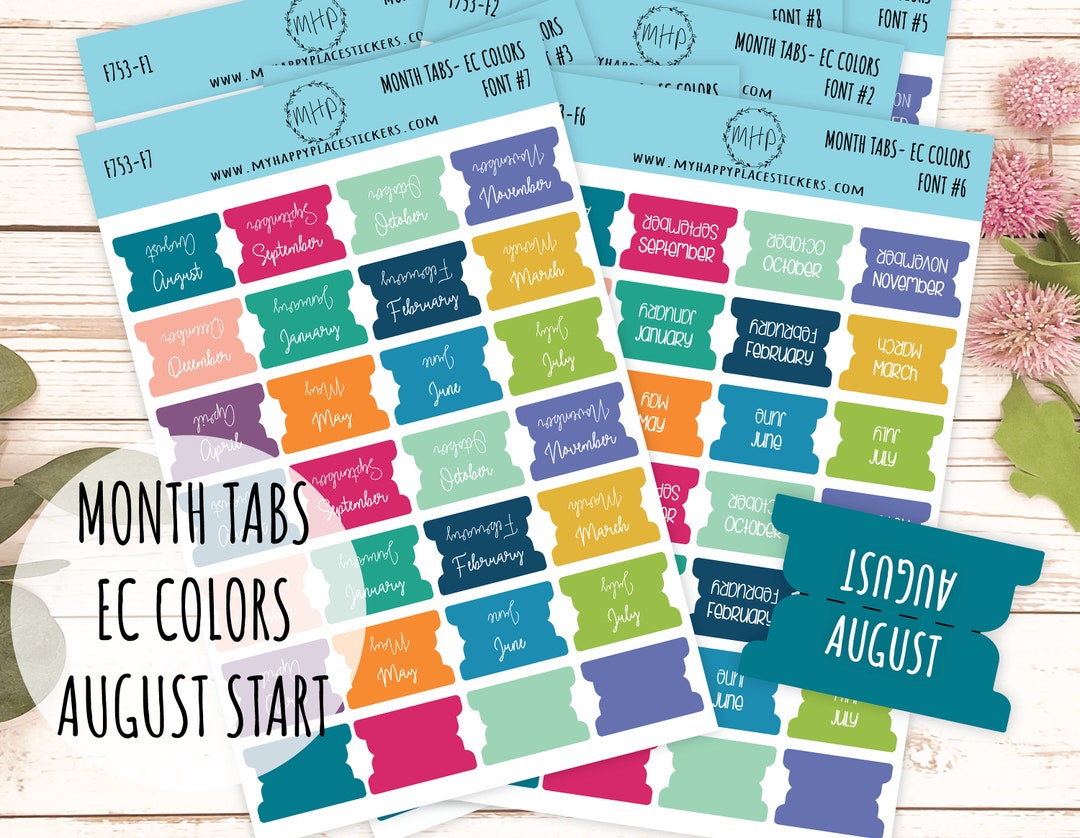 Month Tab Stickers for Planners. EC COLORS. August Start. Tabs for ...