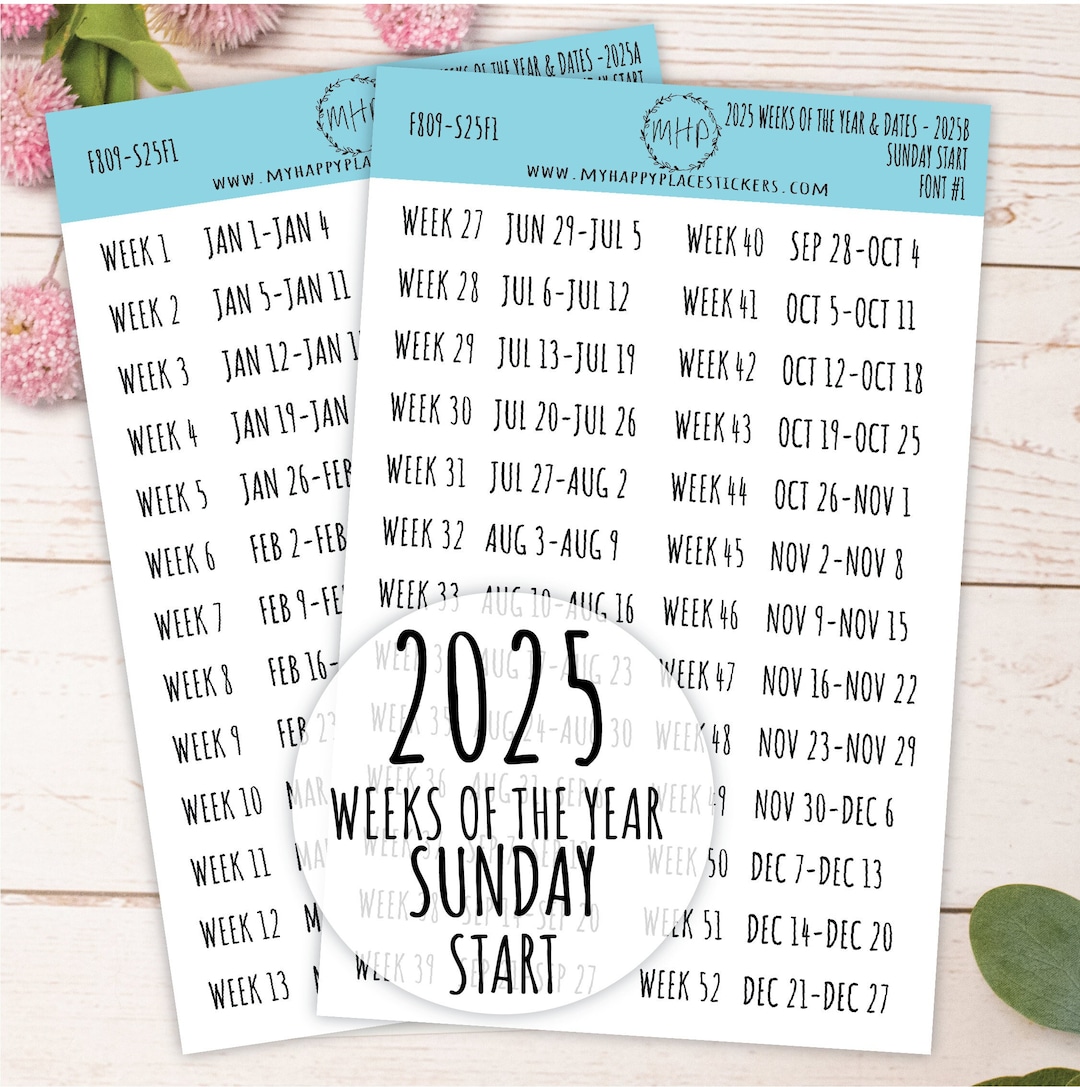 2025 Weeks of the Year Stickers SUNDAY START for Planners and Bullet ...