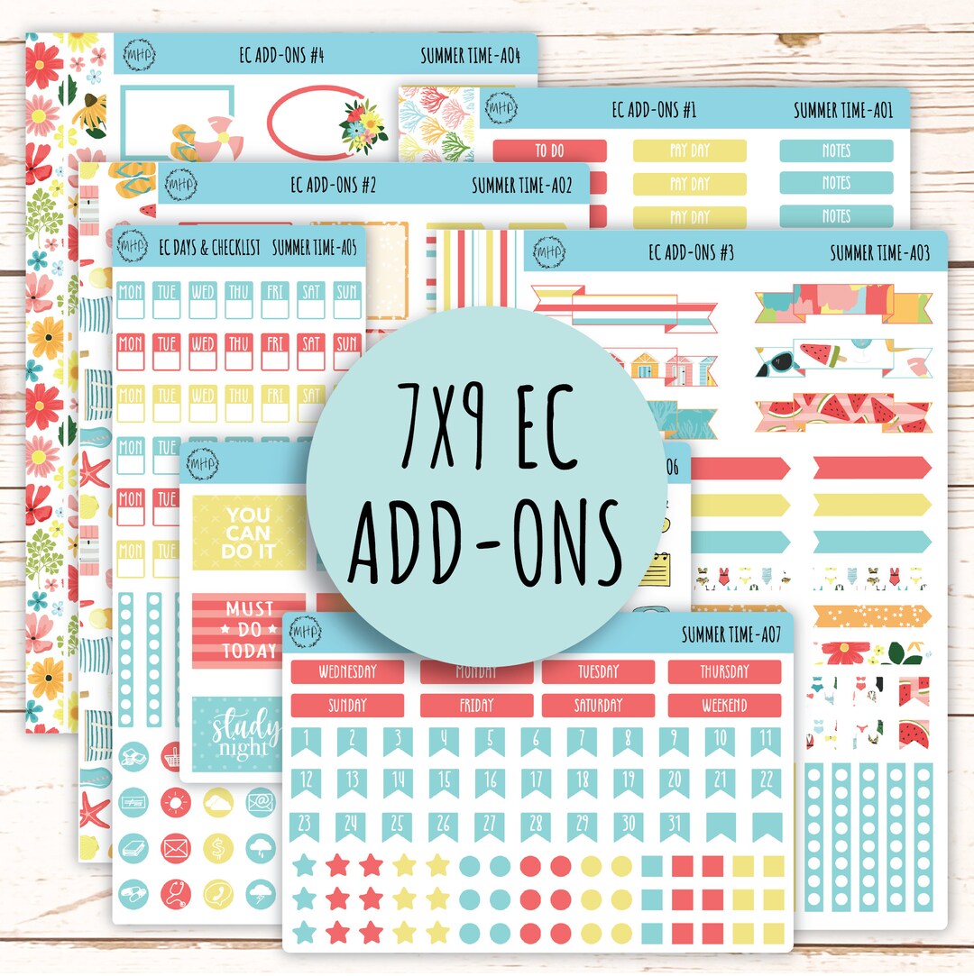 Add Ons Stickers for 7x9 Erin Condren Planners. August "summer Time ...