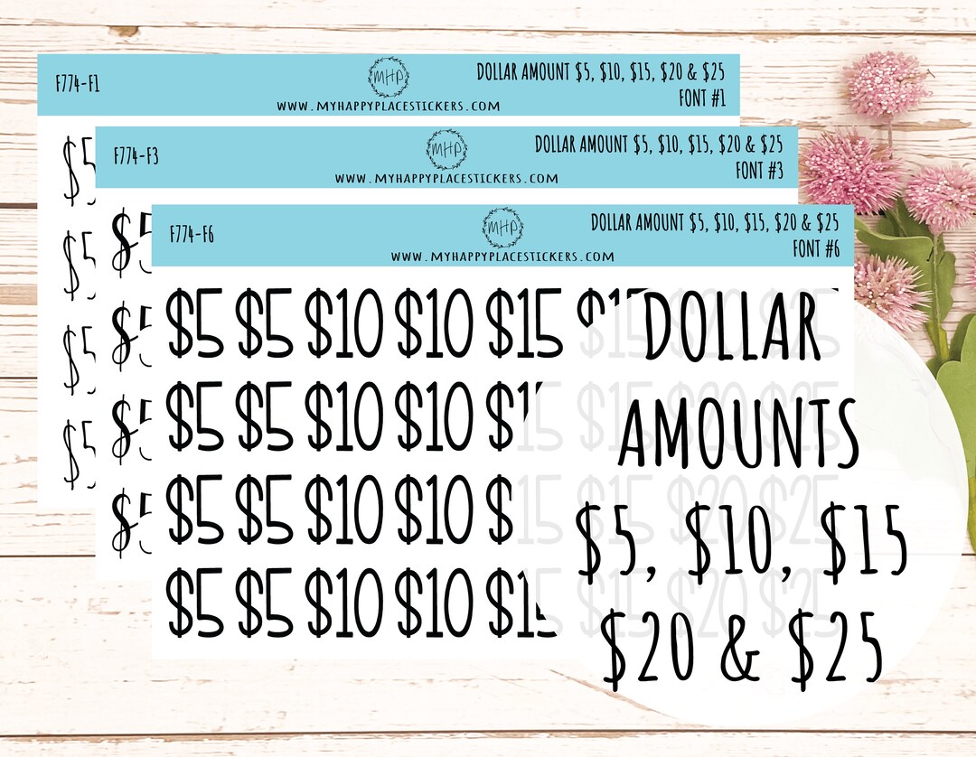 Dollar Amount Stickers. 5, 10 , 15, 20 & 25 Dollar Stickers. 1 Inch ...