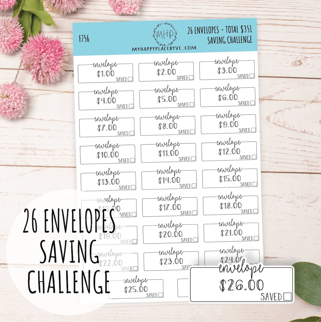 26 Envelopes Saving Challenge (total Savings 351.00). Stickers for ...