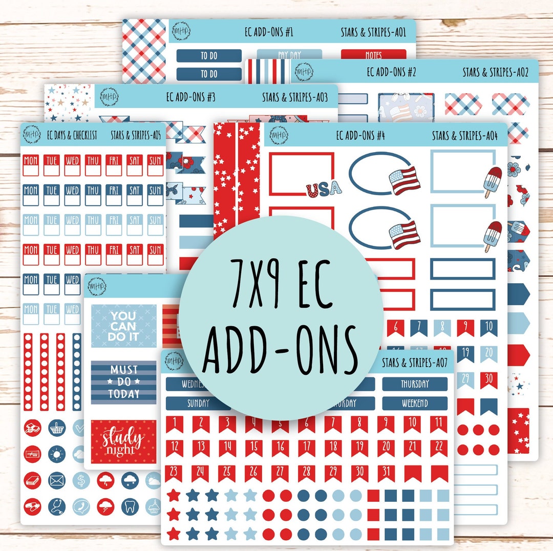 Add Ons Stickers for 7x9 Erin Condren Planners. July "stars and Stripes ...