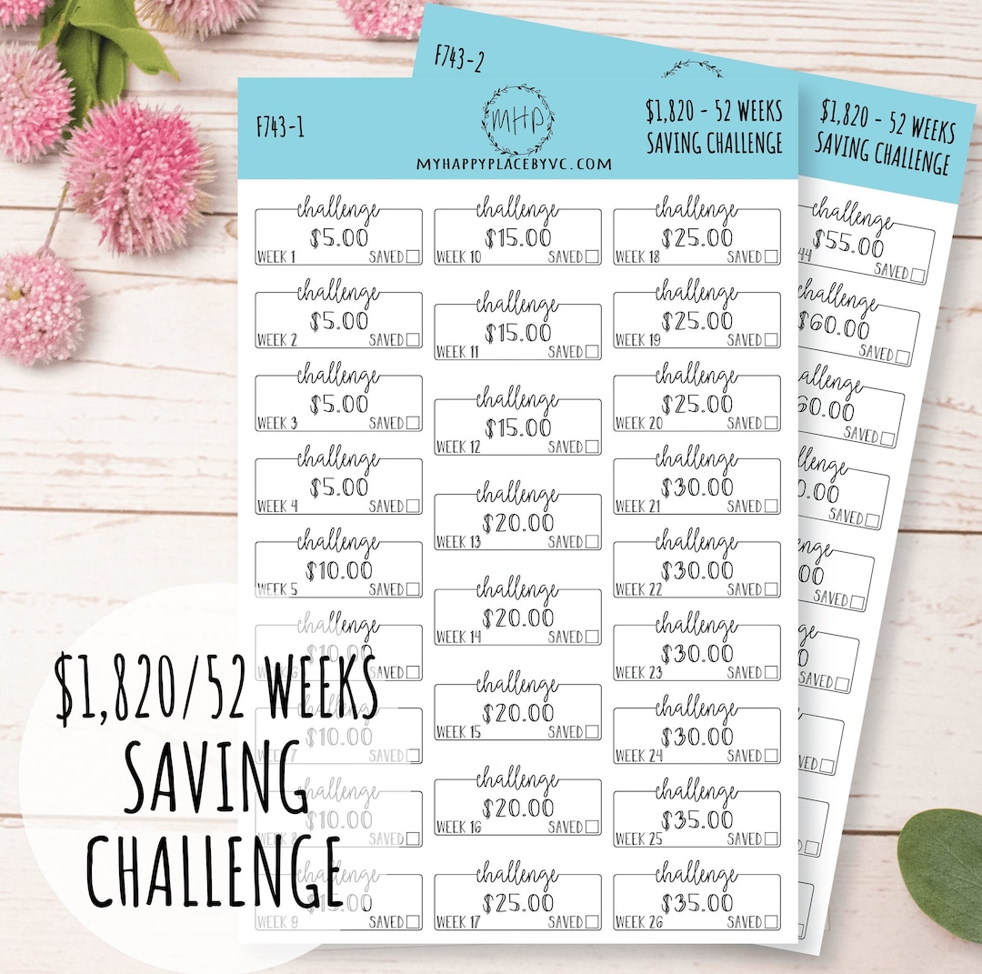 52 Week Saving Challenge With Set Amount (1,820 Total). Stickers for ...