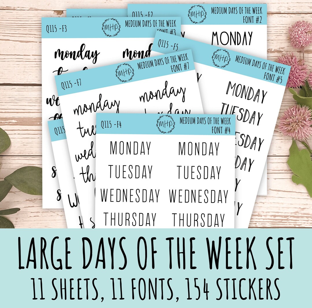 Sticker Set of Large Days of the Week for Planners, Organizers and ...