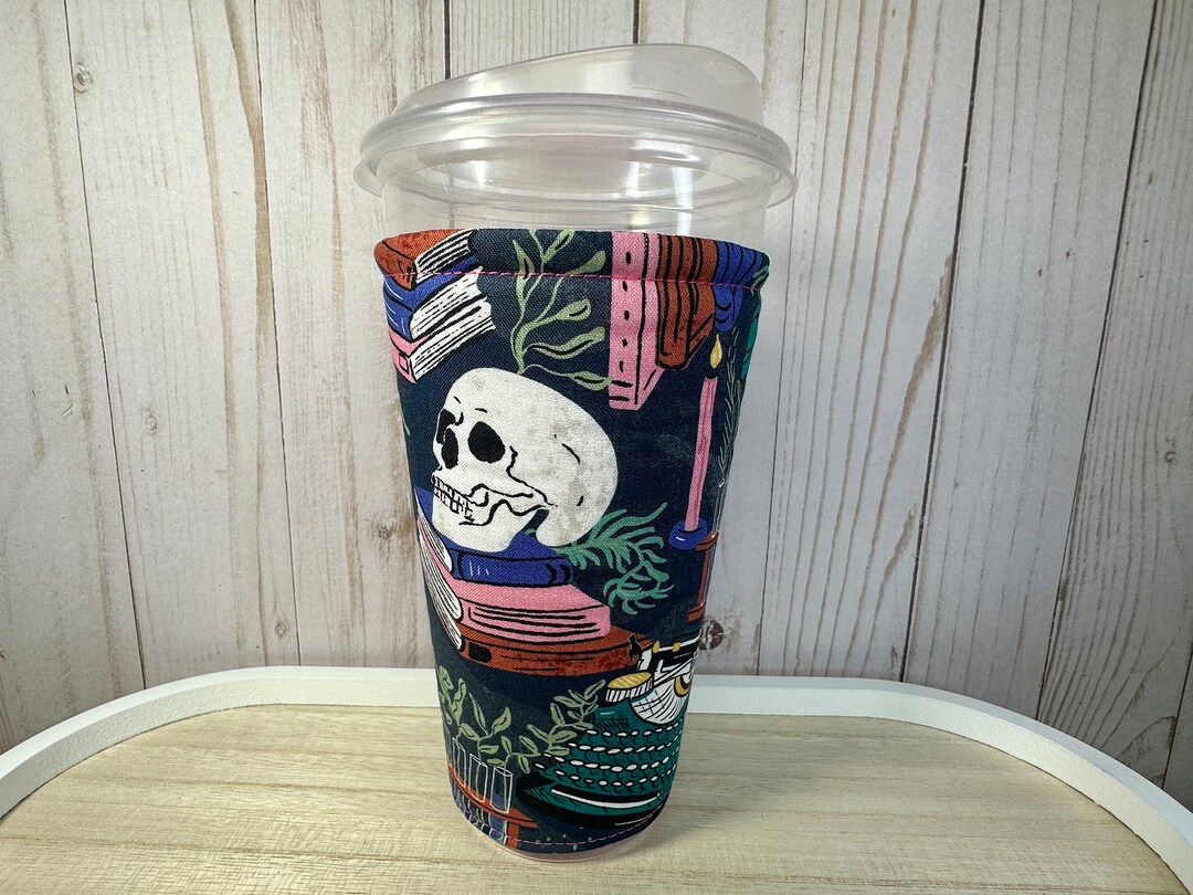 Haunted Bookish Coffee Cup Cozy, Spooky Skull Cup Sleeve for Iced ...