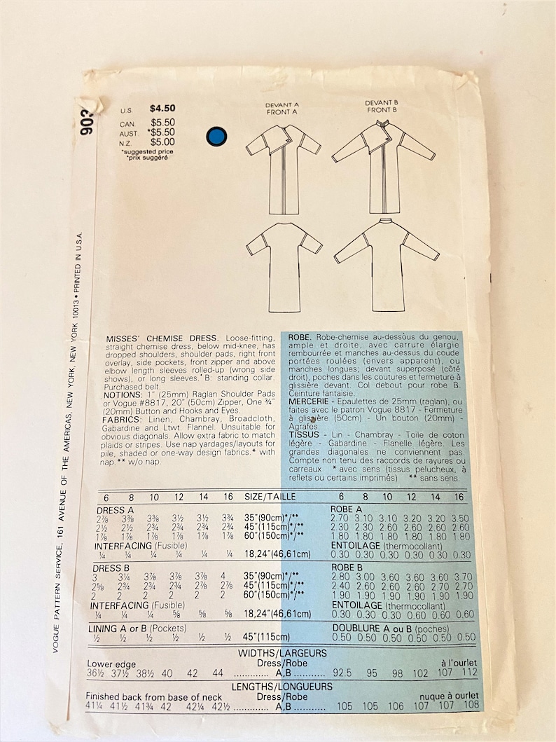 Vintage Very Easy Vogue Dress Pattern: 9038 Size 12 Uncut - Etsy