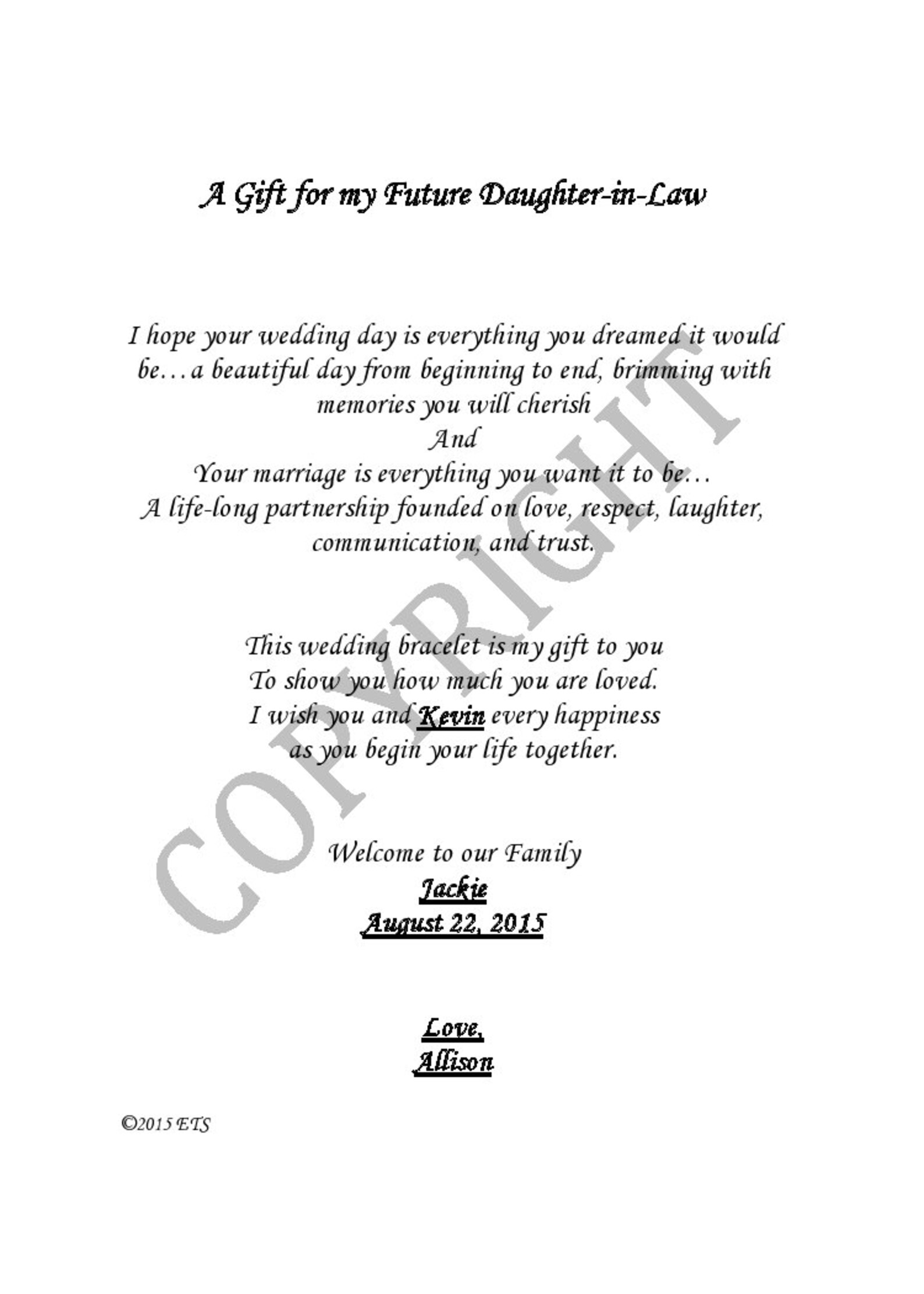 Wedding Bracelet and Personalized Poem or Note for Your Future Daughter ...