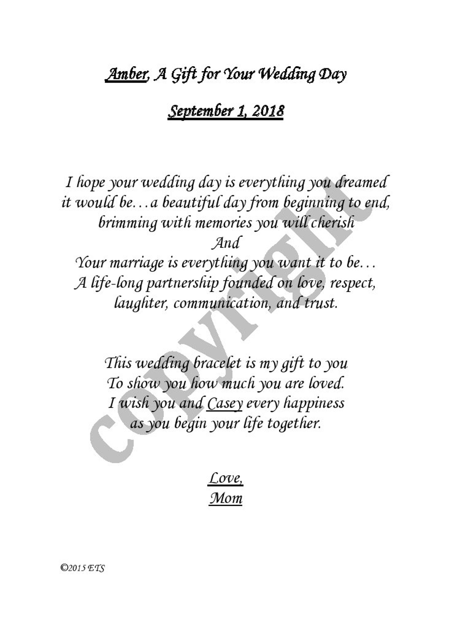 Wedding Bracelet and Personalized Poem or Note for Your Daughter, the ...