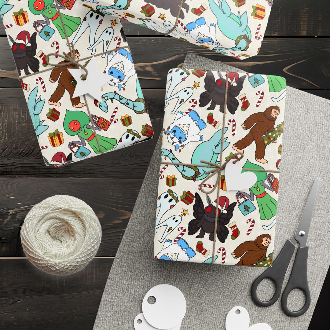 Cryptid Christmas Wrapping Paper, Cute Sasquatch, Yeti, Mothman Gift ...