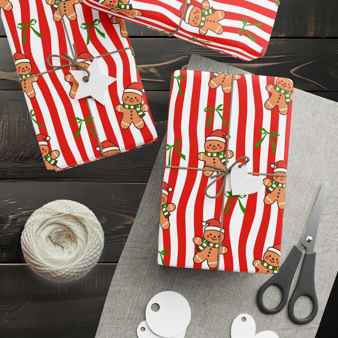 Gingerbread Man Christmas Wrapping Paper, Candy Cane Stripe Gift Wrap ...