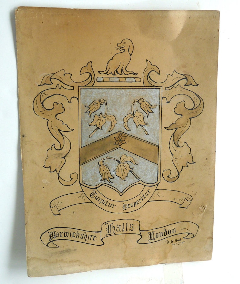 Hall Family Crest Drawing Hand Worked 1904 Antique Vintage Warwickshire ...