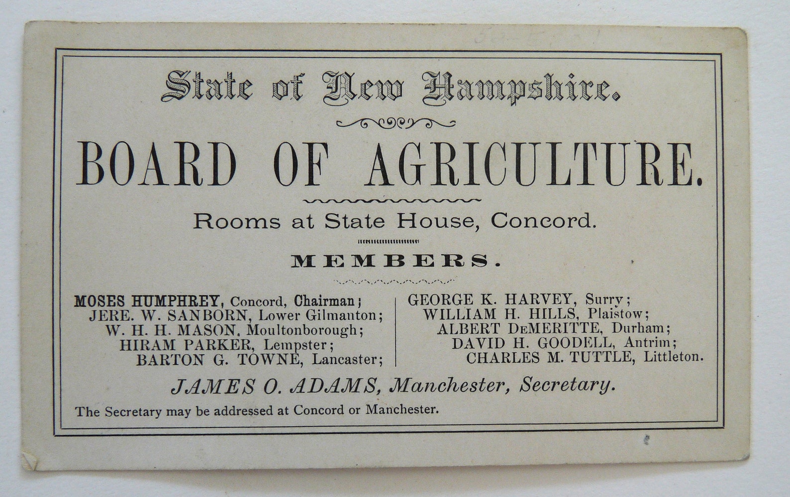New Hampshire Board Agriculture Antique Business Card Adams Manchester ...